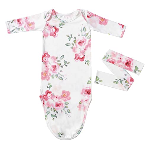 Mikccer Baby Newborn Knotted Gown 0-6 Months, Soft Breathable Sleeper Gowns, Babies Girl Coming Home Outfit Infant Watercolor Flowers Nightgowns with Headband Set