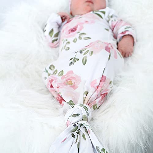 Mikccer Baby Newborn Knotted Gown 0-6 Months, Soft Breathable Sleeper Gowns, Babies Girl Coming Home Outfit Infant Watercolor Flowers Nightgowns with Headband Set