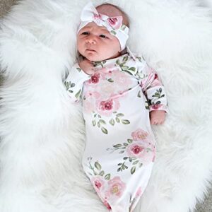 Mikccer Baby Newborn Knotted Gown 0-6 Months, Soft Breathable Sleeper Gowns, Babies Girl Coming Home Outfit Infant Watercolor Flowers Nightgowns with Headband Set