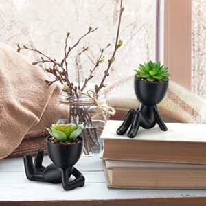 WOODWORD Fake Succulent, Mini Succulents Plants Artificial in Black Modern Human Shaped Ceramic Pots Desk Decor Desk Plant for Office Decor for Women, Cute Fake Plants Bathroom Decor 2PCS