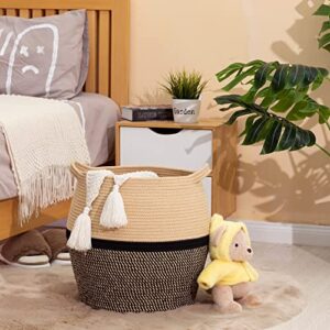 KAKAMAY Large Blanket Basket,Woven Rope Baskets for storage Baby Laundry Hamper, Cotton Rope Blanket Basket for Living Room, Laundry, Nursery, Pillows,Baby Toy chest (Jute/Black)