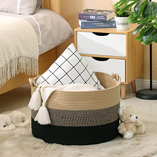 KAKAMAY Large Blanket Basket,Woven Rope Baskets for storage Baby Laundry Hamper, Cotton Rope Blanket Basket for Living Room, Laundry, Nursery, Pillows,Baby Toy chest (Jute/Black)