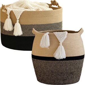 kakamay large blanket basket,woven rope baskets for storage baby laundry hamper, cotton rope blanket basket for living room, laundry, nursery, pillows,baby toy chest (jute/black)