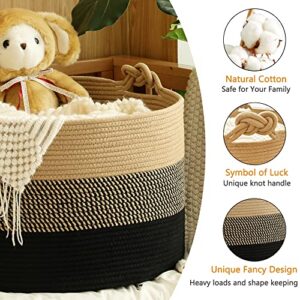 KAKAMAY Large Blanket Basket,Woven Rope Baskets for storage Baby Laundry Hamper, Cotton Rope Blanket Basket for Living Room, Laundry, Nursery, Pillows,Baby Toy chest (Jute/Black)