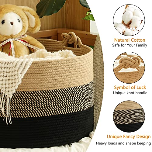 KAKAMAY Large Blanket Basket,Woven Rope Baskets for storage Baby Laundry Hamper, Cotton Rope Blanket Basket for Living Room, Laundry, Nursery, Pillows,Baby Toy chest (Jute/Black)