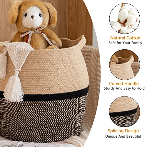 KAKAMAY Large Blanket Basket,Woven Rope Baskets for storage Baby Laundry Hamper, Cotton Rope Blanket Basket for Living Room, Laundry, Nursery, Pillows,Baby Toy chest (Jute/Black)