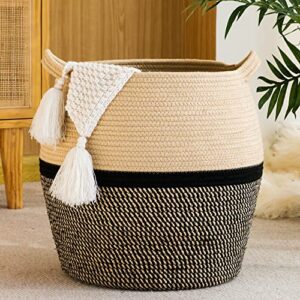 KAKAMAY Large Blanket Basket,Woven Rope Baskets for storage Baby Laundry Hamper, Cotton Rope Blanket Basket for Living Room, Laundry, Nursery, Pillows,Baby Toy chest (Jute/Black)