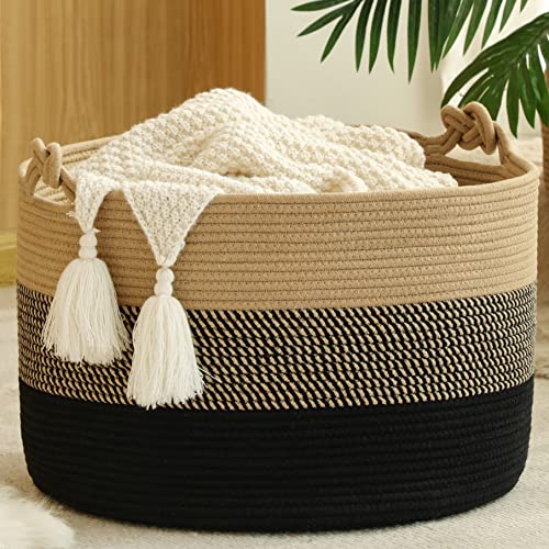 KAKAMAY Large Blanket Basket,Woven Rope Baskets for storage Baby Laundry Hamper, Cotton Rope Blanket Basket for Living Room, Laundry, Nursery, Pillows,Baby Toy chest (Jute/Black)