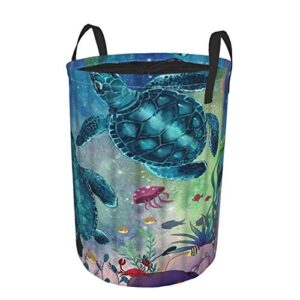 round storage basket with handles,sea turtle ocean creature landscape underwater fish seaweed jellyfish coral,waterproof coating organizer bin laundry hamper for nursery clothes toys 21.5"x 16.5"