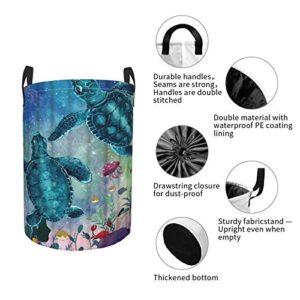 Round Storage Basket with Handles,Sea Turtle Ocean Creature Landscape Underwater Fish Seaweed Jellyfish Coral,Waterproof Coating Organizer Bin Laundry Hamper for Nursery Clothes Toys 21.5"x 16.5"