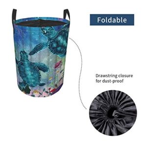 Round Storage Basket with Handles,Sea Turtle Ocean Creature Landscape Underwater Fish Seaweed Jellyfish Coral,Waterproof Coating Organizer Bin Laundry Hamper for Nursery Clothes Toys 21.5"x 16.5"