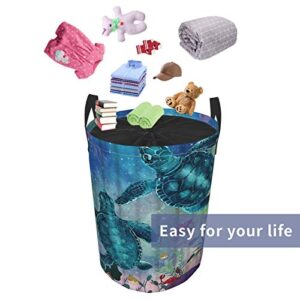 Round Storage Basket with Handles,Sea Turtle Ocean Creature Landscape Underwater Fish Seaweed Jellyfish Coral,Waterproof Coating Organizer Bin Laundry Hamper for Nursery Clothes Toys 21.5"x 16.5"