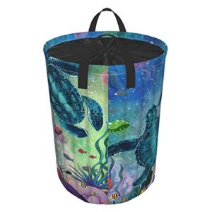 Round Storage Basket with Handles,Sea Turtle Ocean Creature Landscape Underwater Fish Seaweed Jellyfish Coral,Waterproof Coating Organizer Bin Laundry Hamper for Nursery Clothes Toys 21.5"x 16.5"