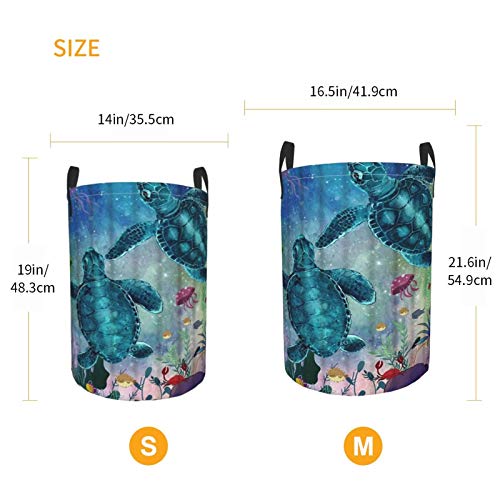 Round Storage Basket with Handles,Sea Turtle Ocean Creature Landscape Underwater Fish Seaweed Jellyfish Coral,Waterproof Coating Organizer Bin Laundry Hamper for Nursery Clothes Toys 21.5"x 16.5"