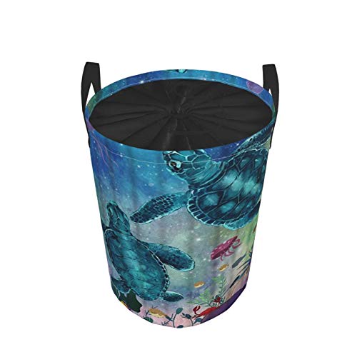 Round Storage Basket with Handles,Sea Turtle Ocean Creature Landscape Underwater Fish Seaweed Jellyfish Coral,Waterproof Coating Organizer Bin Laundry Hamper for Nursery Clothes Toys 21.5"x 16.5"