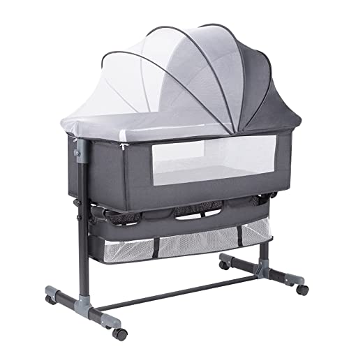 GoFirst Bedside Bassinet for Baby, Bedside Sleeper with Wheels, Heigt Adjustable, with Mosquito Nets, Large Storage Bag, for Infant/Baby/Newborn (Grey)