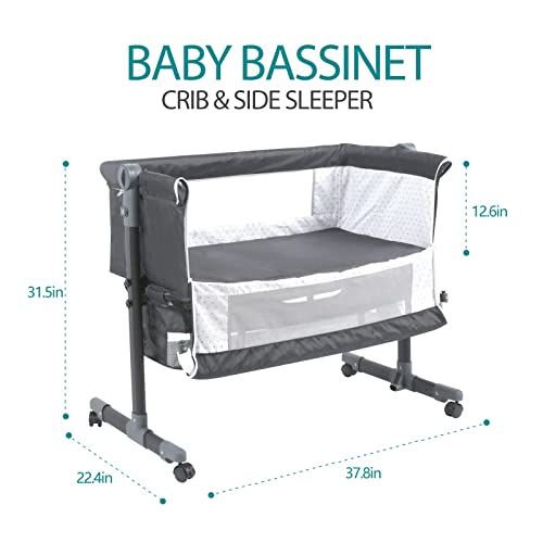 GoFirst Bedside Bassinet for Baby, Bedside Sleeper with Wheels, Heigt Adjustable, with Mosquito Nets, Large Storage Bag, for Infant/Baby/Newborn (Grey)