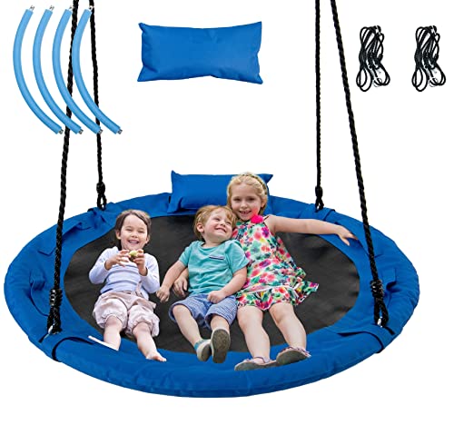 INFANS 660lbs 40 Inch Saucer Tree Swing with Pillow Handle Adjustable Hanging Rope, Round Flying Swing Seat for Kids, Outdoor Round Platform Swing for Backyard Playground Blue