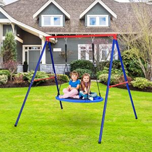 INFANS 660lbs 40 Inch Saucer Tree Swing with Pillow Handle Adjustable Hanging Rope, Round Flying Swing Seat for Kids, Outdoor Round Platform Swing for Backyard Playground Blue