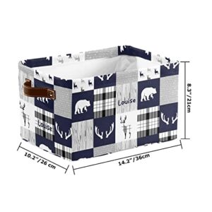 Deer Bear Patchwork Woodland Personalized Storage Bins,Foldable Baskets Organizer with Handle for Nursery Pet Toy Clothes Box 2 Packs