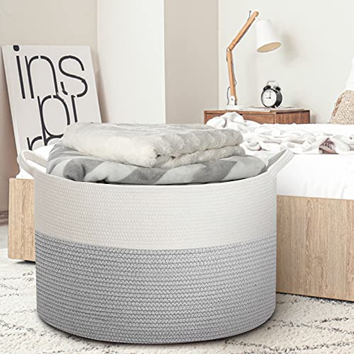 MXMHOME Large Woven Rope Basket With Handles Basket for Blankets for Living Room Large Baby Cat Dog Toy Storage Basket Wicker Woven Big Round Laundry Basket Hamper (23.6”x14.1”), XXXL, Grey