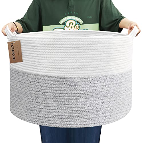 MXMHOME Large Woven Rope Basket With Handles Basket for Blankets for Living Room Large Baby Cat Dog Toy Storage Basket Wicker Woven Big Round Laundry Basket Hamper (23.6”x14.1”), XXXL, Grey