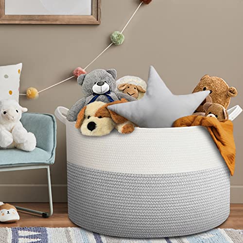 MXMHOME Large Woven Rope Basket With Handles Basket for Blankets for Living Room Large Baby Cat Dog Toy Storage Basket Wicker Woven Big Round Laundry Basket Hamper (23.6”x14.1”), XXXL, Grey