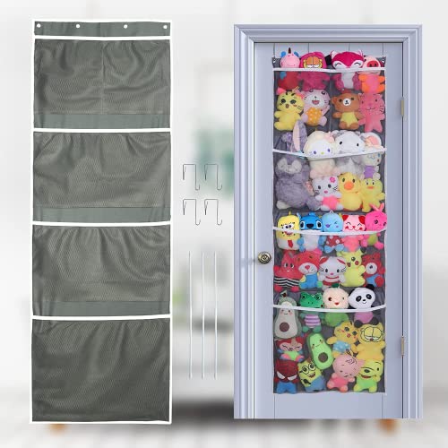 LONCHDAN Over the Door Stuffed Animal Storage Stuffed Animals Holder Over Door Hanging Organizer Large Pockets Plushie Net Stuff Animal Storage Display for Plush with Hooks & Rods for Nursery Playroom