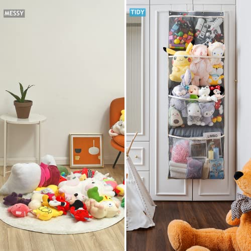 LONCHDAN Over the Door Stuffed Animal Storage Stuffed Animals Holder Over Door Hanging Organizer Large Pockets Plushie Net Stuff Animal Storage Display for Plush with Hooks & Rods for Nursery Playroom