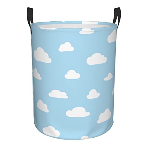 Round Laundry Hamper White Clouds Cartoon Blue Storage Basket Waterproof Coating Organizer Bin For Nursery Clothes Toys Medium