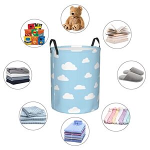 Round Laundry Hamper White Clouds Cartoon Blue Storage Basket Waterproof Coating Organizer Bin For Nursery Clothes Toys Medium