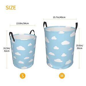 Round Laundry Hamper White Clouds Cartoon Blue Storage Basket Waterproof Coating Organizer Bin For Nursery Clothes Toys Medium