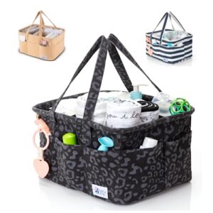 the blissful bump diaper caddy organizer, storage basket, caddy organizer with handle, baby organizer for nursery -modern diaper basket for boy, girl, charcoal gray leopard print