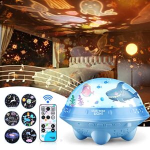 o wowzon new night light musical projector for kids, star light projector for bedroom, 5 lighting modes mood lights for baby kids room with remote control,7 sets of film,255 stories&songs