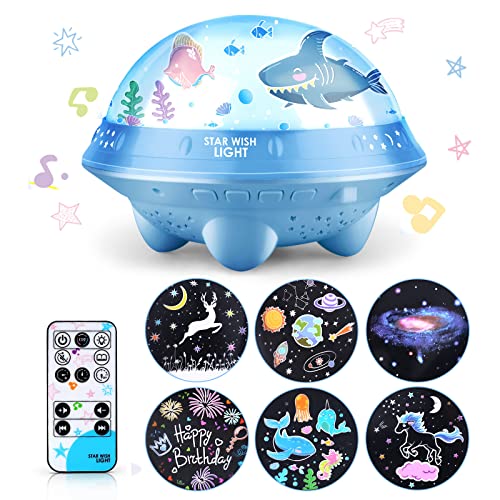 O WOWZON New Night Light Musical Projector for Kids, Star Light Projector for Bedroom, 5 Lighting Modes Mood Lights for Baby Kids Room with Remote Control,7 Sets of Film,255 Stories&Songs