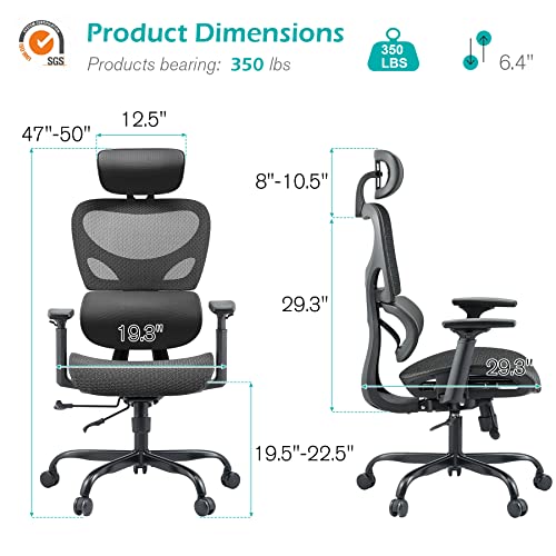 BNEHS Office Chair Ergonomic,Branch Mesh Chair for Heavy People with Slide Seat, Executive Desk Chair for Back Pain with Adjustable Headrest,Black