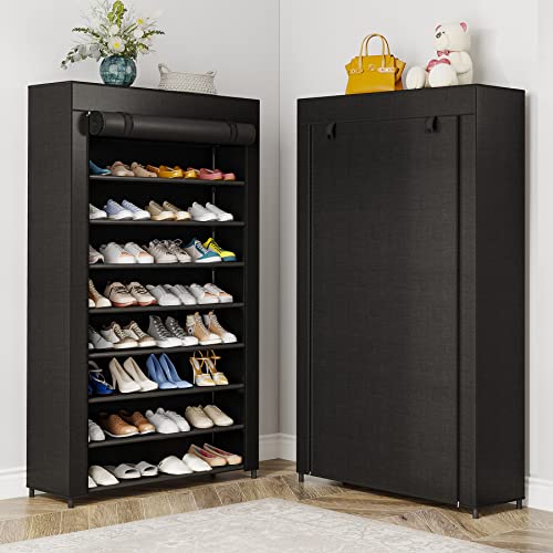 10 Tier Shoes Rack with Cover, Shoes Racks Organizer for Closet, Black Vertical Shoe Shelf for Entryway,50 Pair Large Shoe Stand, Non-Woven Shoe Storage Cabinet