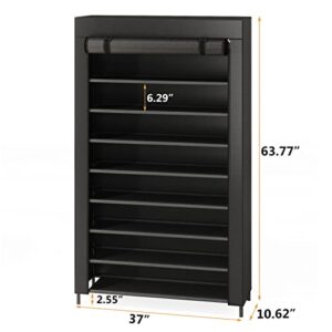 10 Tier Shoes Rack with Cover, Shoes Racks Organizer for Closet, Black Vertical Shoe Shelf for Entryway,50 Pair Large Shoe Stand, Non-Woven Shoe Storage Cabinet