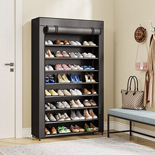 10 Tier Shoes Rack with Cover, Shoes Racks Organizer for Closet, Black Vertical Shoe Shelf for Entryway,50 Pair Large Shoe Stand, Non-Woven Shoe Storage Cabinet