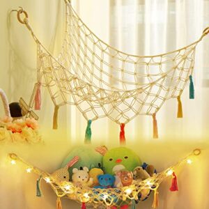 licklip corner stuffed animal hammock with led light, boho macrame toy hammock with colorful tassels, corner plush toy net holder, hanging net storage organizer for nursery play room bedroom large