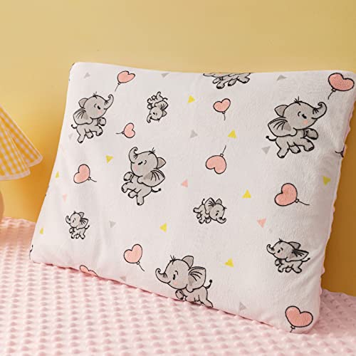 DaysU Baby Pillow for Sleeping with Cute Animal Print & Soothing Raised Dots, Soft Flat Thin Toddler Pillow for Boys Girls Kids 1-3 Year Old Baby Crib Toddler Bed Cot, 13"x19"x0.75", Pink Elephant