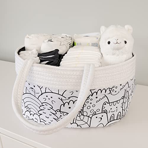 Baby Rope Canvas Diaper Caddy Organizer Basket for Nursery Changing Table - Car Storage Bin Tote Bag for Nappy, Diapers, and Wipes - Newborn Registry Shower Gift for Girl and Boy Must Haves - Car Bin