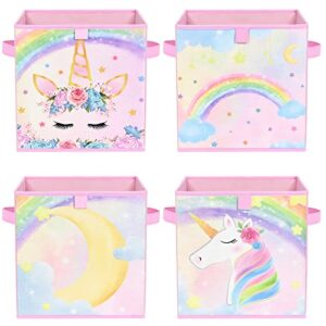 cube storage bins - 4 pack fabric foldable storage cube organizer for kids decorative storage baskets with handles 11" x 11" home closet nursery room bedroom (unicorn)