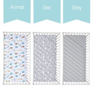 bimocosy Crib Sheets,3 Pack Boy Crib Sheets Size 28"x 52" for Standard Crib and Toddler Mattresses, Super Soft Breathable Microfiber Fitted Crib Sheet, Stars/Woodland Animals/Gray