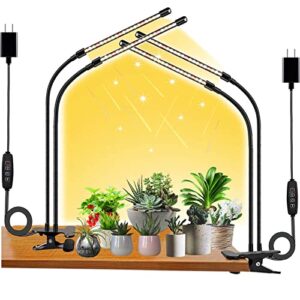 grow lights for indoor plants, frgrow led plant grow lights, 3000k/5000k/660nm full spectrum plant growing lamps, clip-on plant lamp with white red leds, 10-level dimmable, timer setting 2-head 2-pack