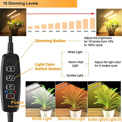 Grow Lights for Indoor Plants, FRGROW LED Plant Grow Lights, 3000k/5000k/660nm Full Spectrum Plant Growing Lamps, Clip-on Plant Lamp with White Red LEDs, 10-Level Dimmable, Timer Setting 2-Head 2-Pack