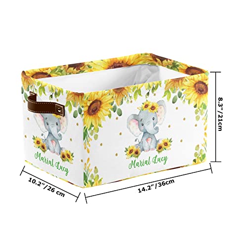 Cute Elephant Sunflower Personalized Storage Bins Basket Cubic Organizer with Durable Handle for Shelves Wardrobe Nursery Toy 1 Pack