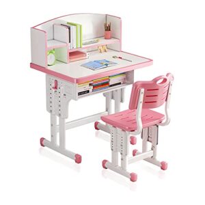 wglawl kids' table chair sets, kids' desks chair, height adjustable ergonomic children study desk table computer workstation with large storage drawer built-in bookshelf, kids bedroom furniture