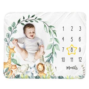 baby monthly milestone blanket boy - jungle animals newborn month blanket neutral safari personalized shower gift eucalyptus leaf wreath nursery decor photography background prop with frame 51''x40''