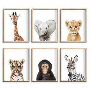 set of 6 baby safari nursery wall decor - picture cute animal wall prints on canvas, under 20 dollars gifts for baby boys and girls room, unframed wall art(8 x 10 inch)